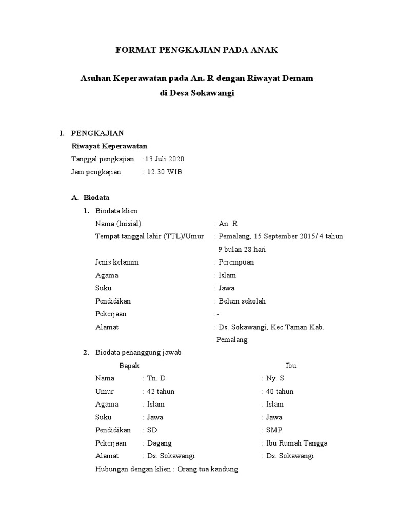 Pengkajian Asuhan Keperawatan Demam Anak | PDF