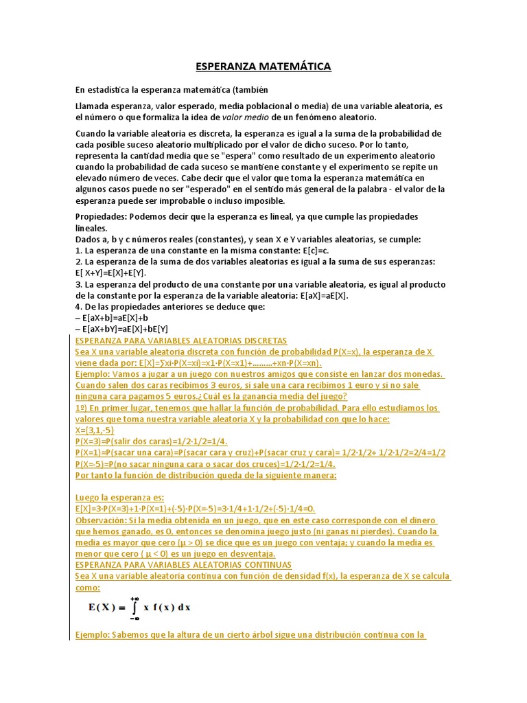 Esperanza Matemática: Definición y Propiedades | PDF | Valor esperado ...