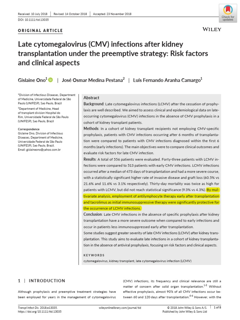 Late Cytomegalovirus (CMV) Infections After Kidney Transplantation ...
