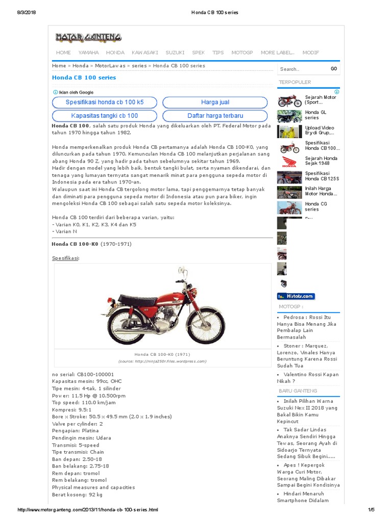 Spesifikasi dan Varian Honda CB 100 | PDF