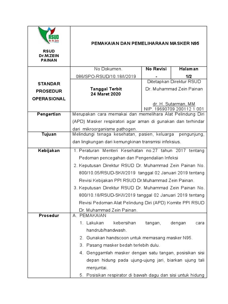 Sop Pemakaian Dan Pemeliharaan Masker N95 | PDF