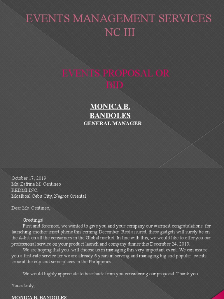 Events Management Services NC Iii: Events Proposal or BID | PDF ...