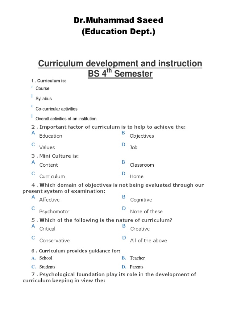 Curriculum Development and Instruction MCQs 4ht Semester | PDF ...