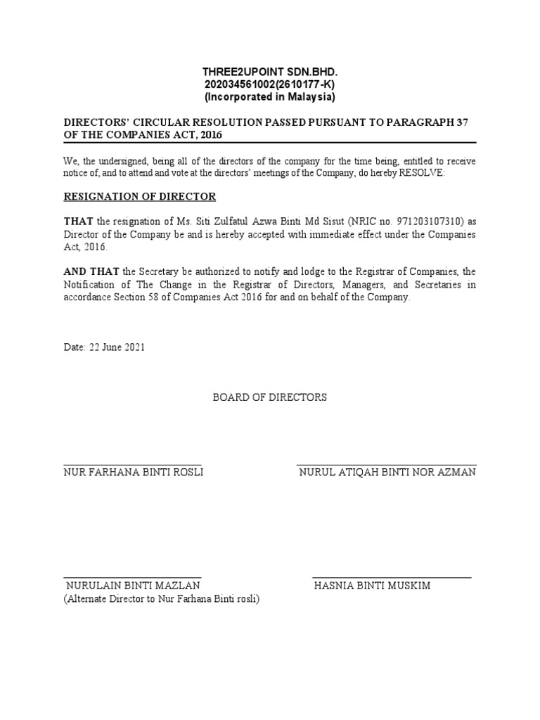 Resignation of Directors | PDF | Business