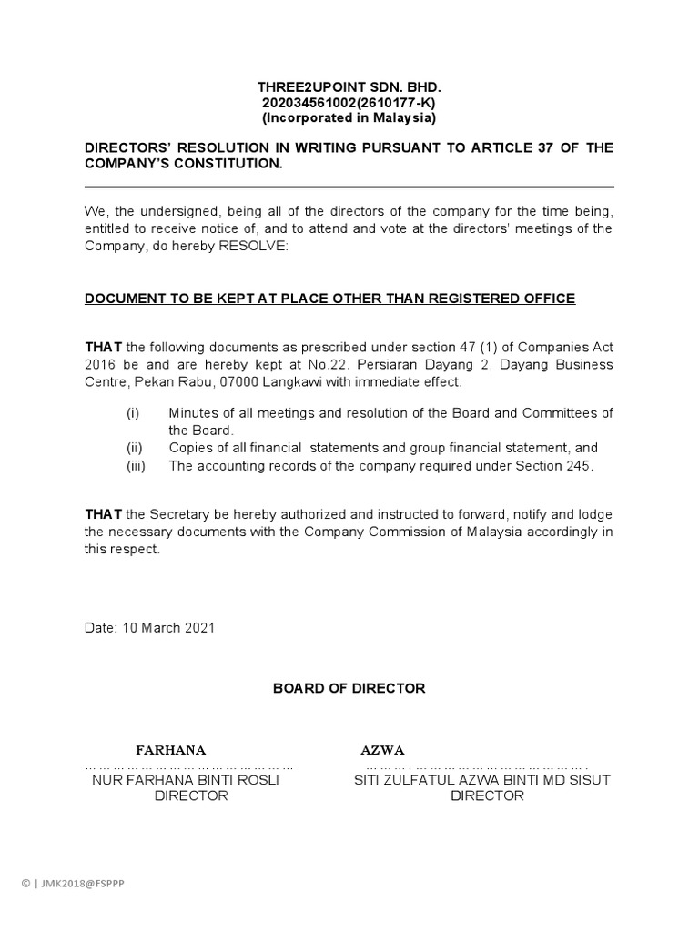 Directors Written Resolution | PDF