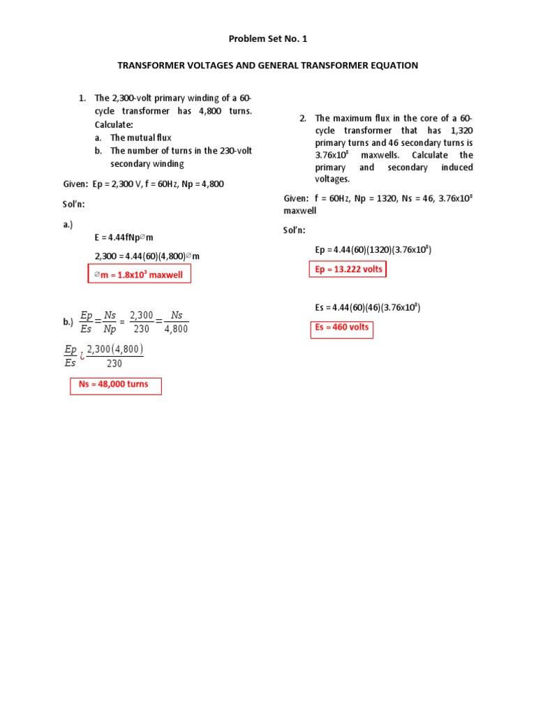 Problem Set No. 1 Transformer Voltages and General Transformer Equation ...