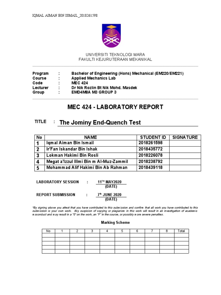 Mec 424 - Laboratory Report The Jominy End-Quench Test | PDF | Steel ...