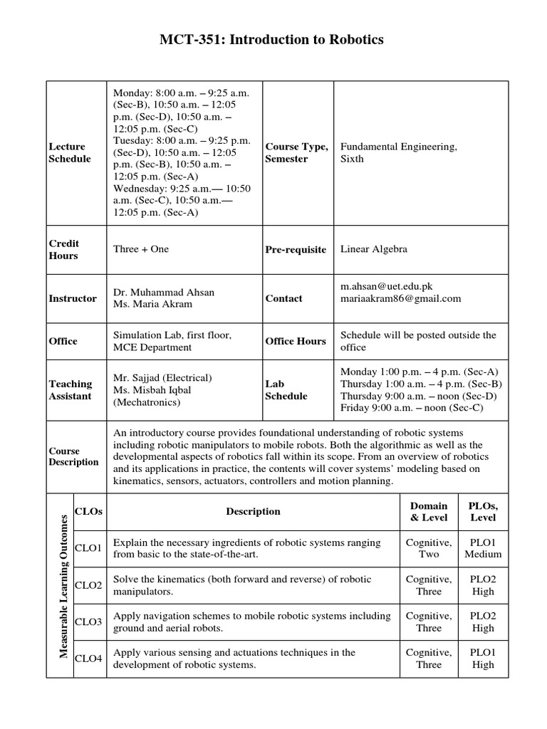 MCT-351 Introduction To Robotics Course Outline | Download Free PDF ...