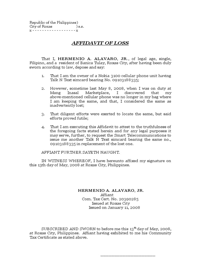 Affidavit of Lost Cell Phone | PDF
