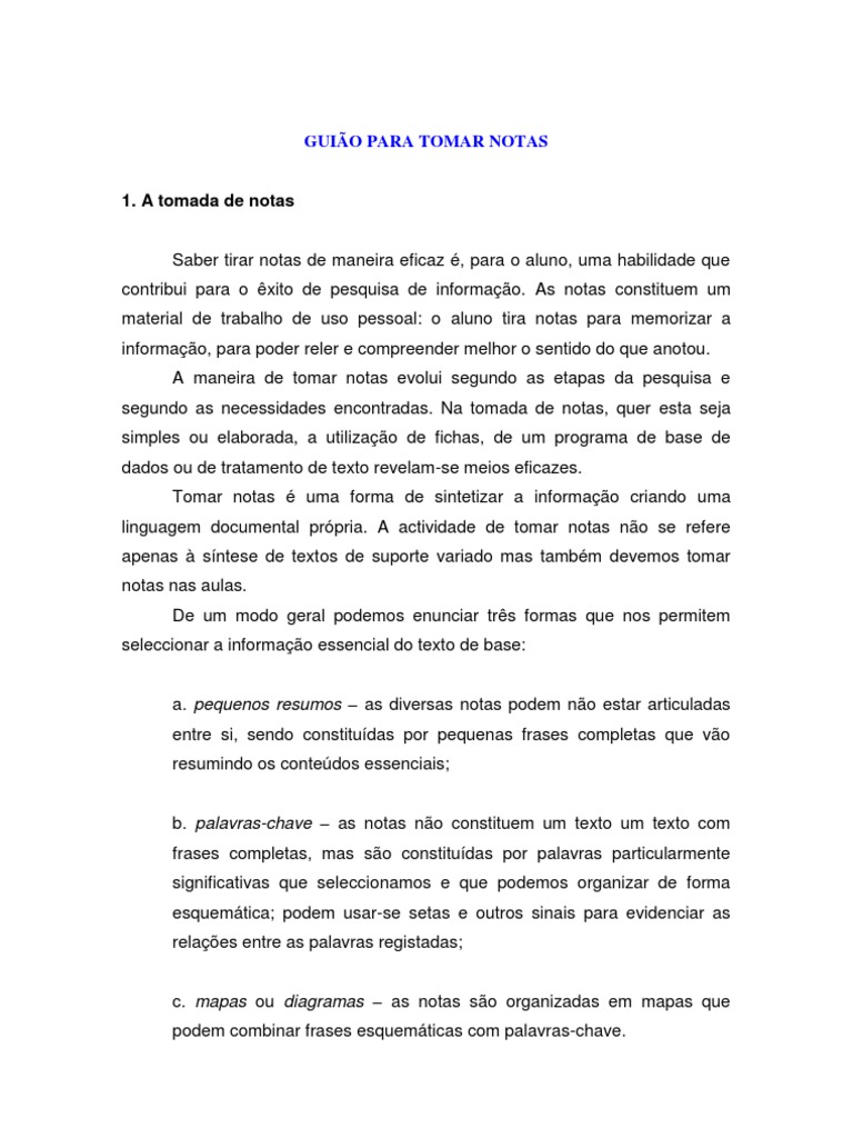 Guião para A Tomada de Notas | PDF | Informação