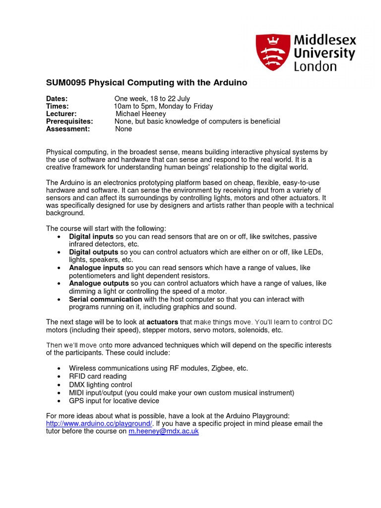 Introduction to Physical Computing and the Arduino: An Interactive One ...