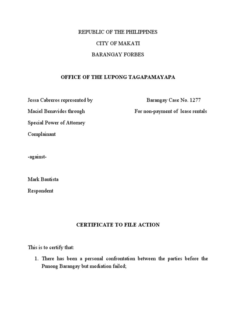 Certificate To File Action (Legforms Assign 1-11-2020) | PDF