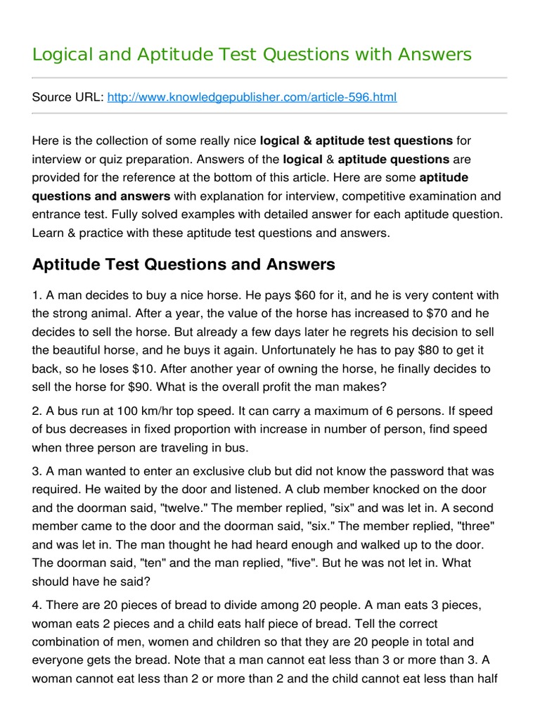 Logical and Aptitude Test Questions with Detailed Answers | PDF | Test ...