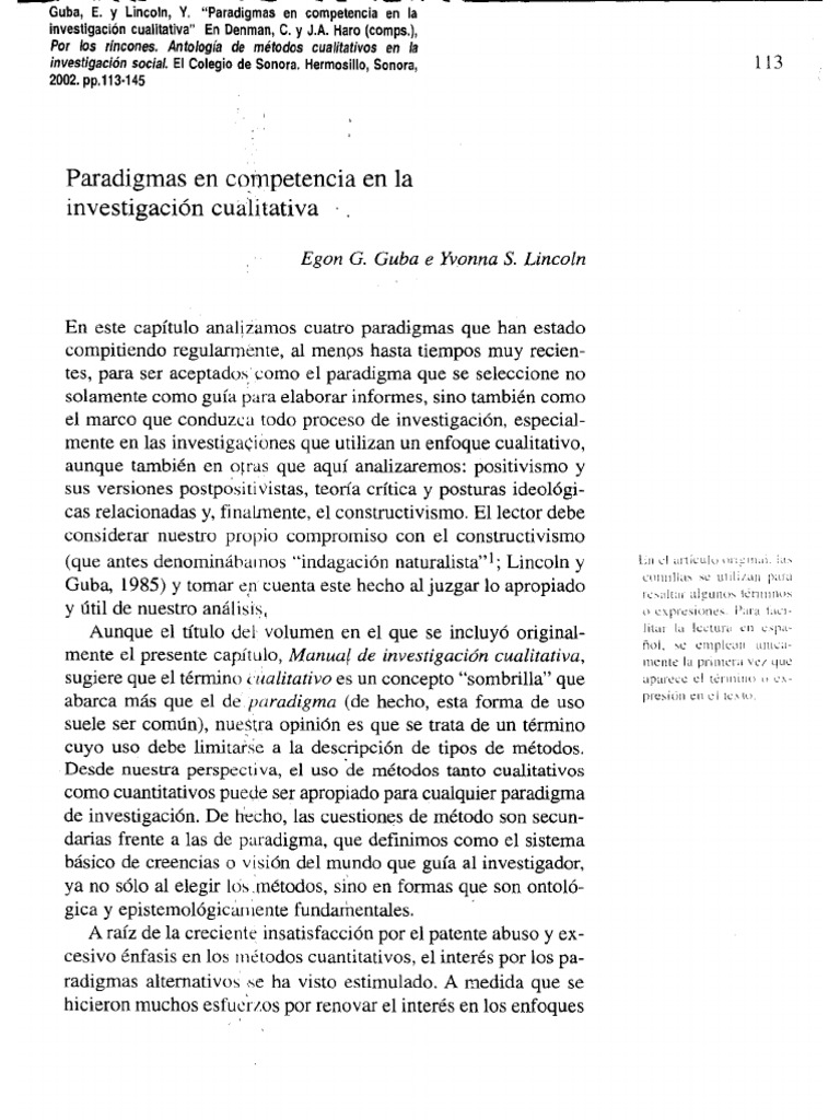 2 Guba PARADIGMAS EN COMPETENCIA EN LA INVESTIGACIÓN CUALITATIVA | PDF