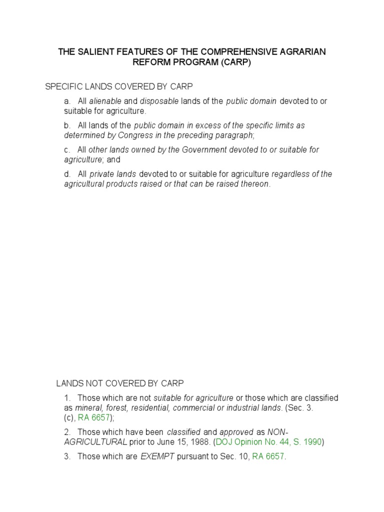 The Salient Features of The Comprehensive Agrarian Reform Program (Carp ...