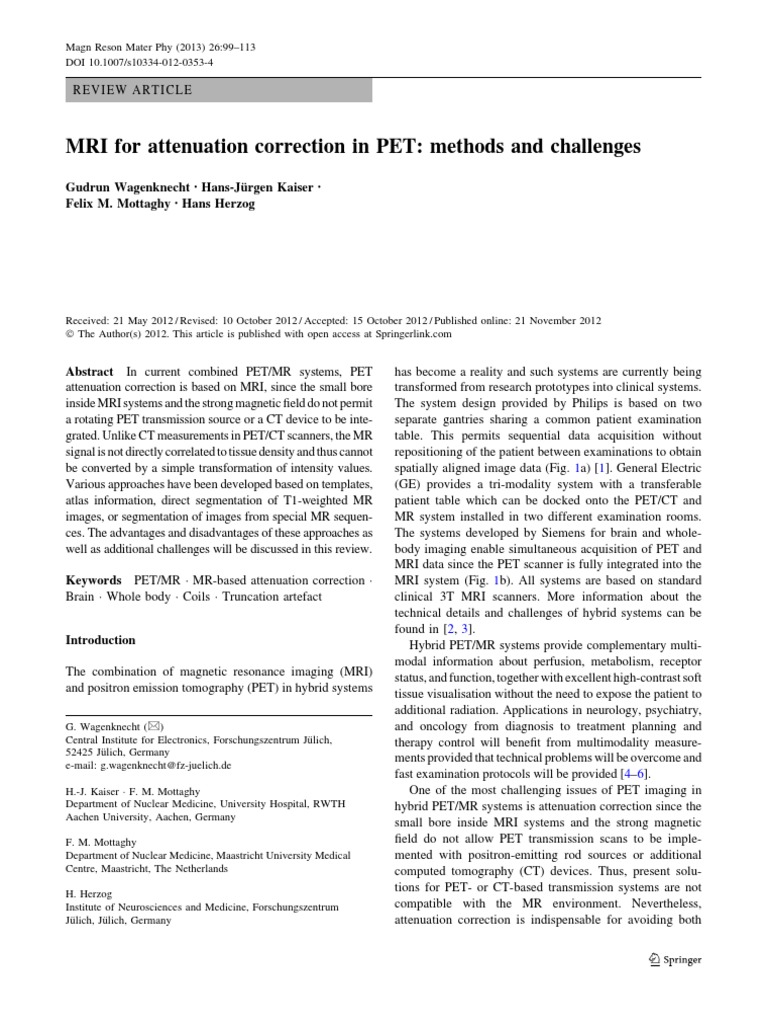MRI For Attenuation Correction in PET: Methods and Challenges | PDF | Positron Emission ...