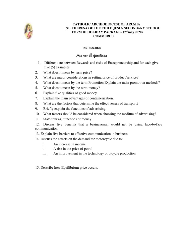 Form III Commerce Holiday Package | PDF