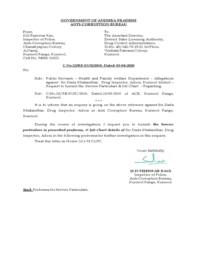 Service Particulars & Job Chart of Drug Inspector Adoni | PDF ...