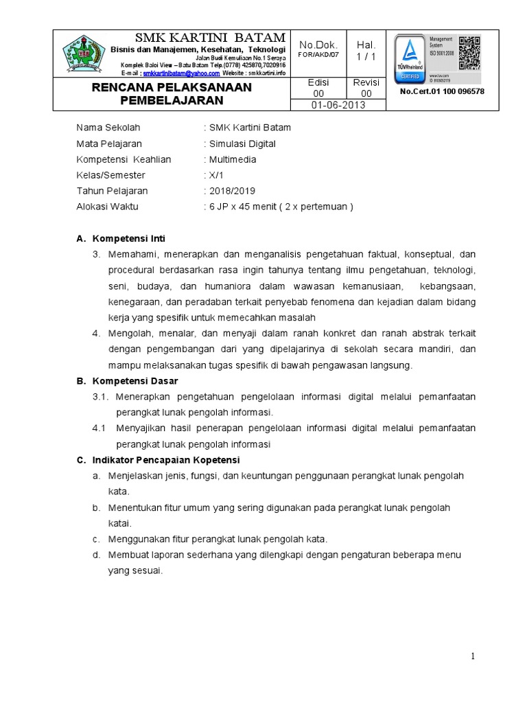 RPP - Simulasi - Digital - Pengolah Kata | PDF