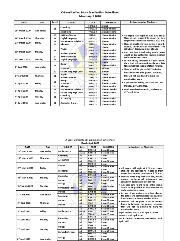 Mock Date Sheet 2019-2020 (FINAL) | PDF | Learning