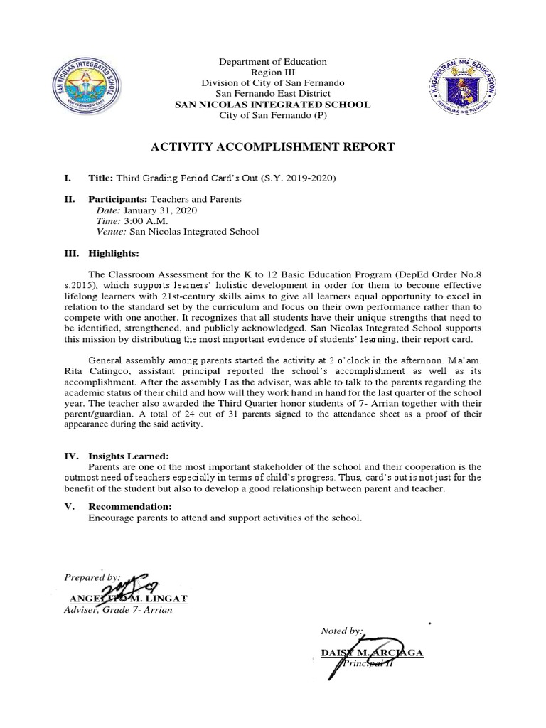 Activity Accomplishment Report: San Nicolas Integrated School | PDF ...