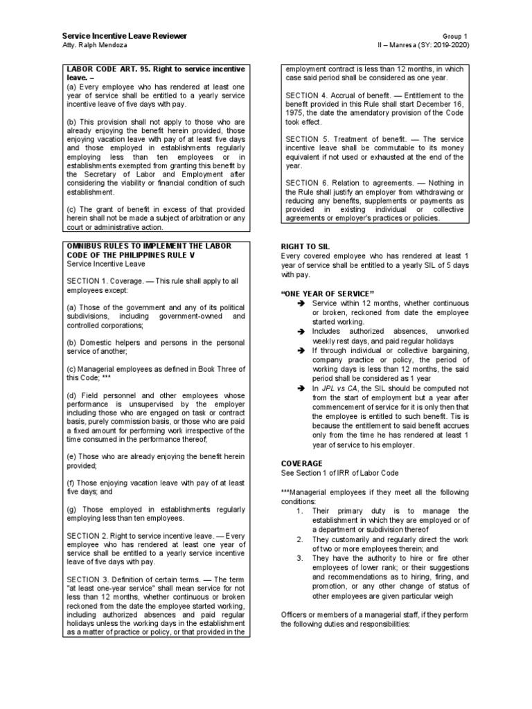 LABOR CODE ART. 95. Right To Service Incentive Leave. | PDF | United ...