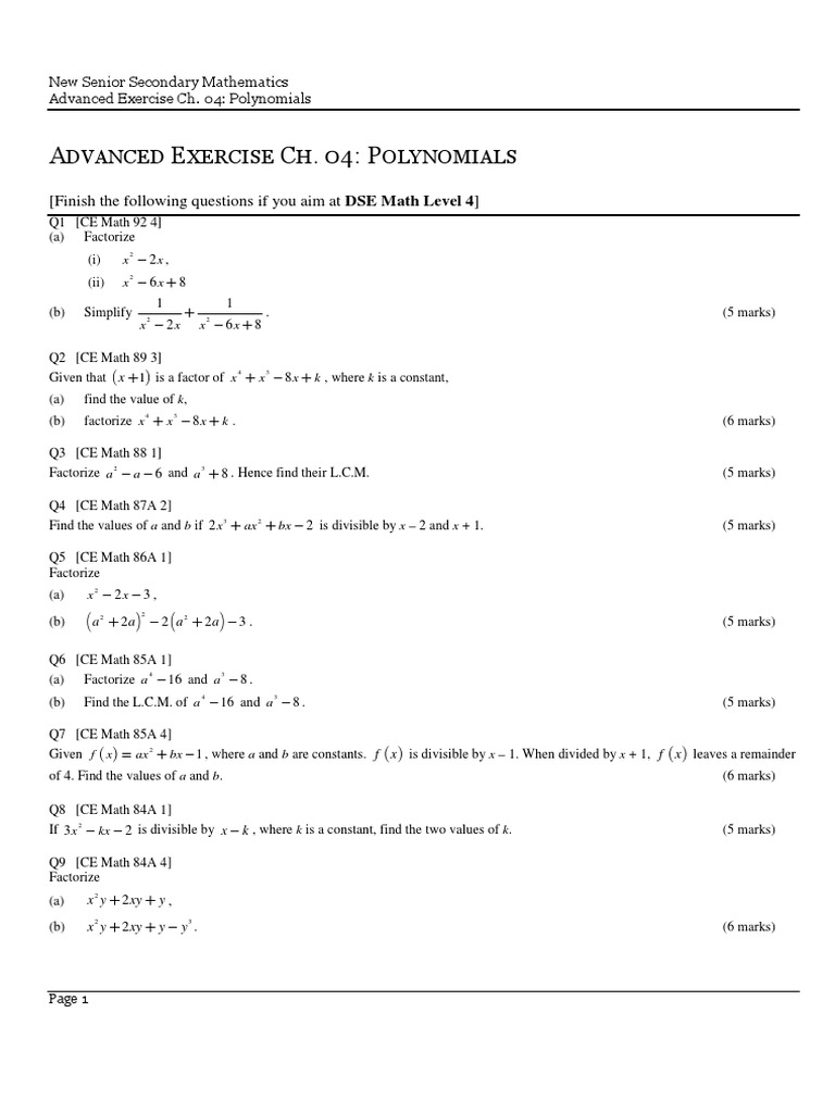 Adv Ex 04 Polynomials | PDF | Polynomial | Equations