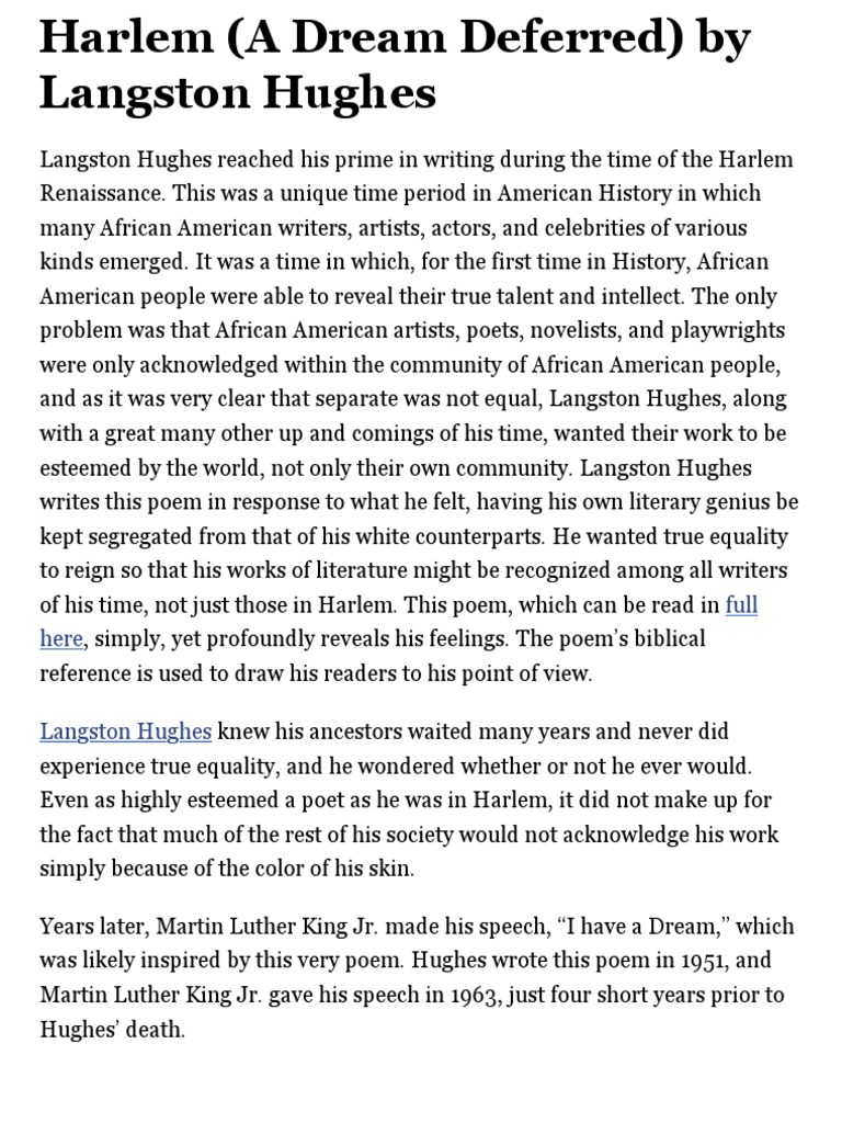 Analysis of Harlem (A Dream Deferred) by Langston Hughes | PDF | Dream ...
