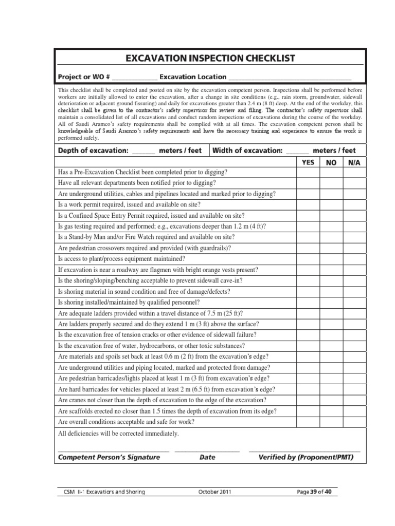 Excavation Checklist-ARAMCO | Download Free PDF | Excavation ...