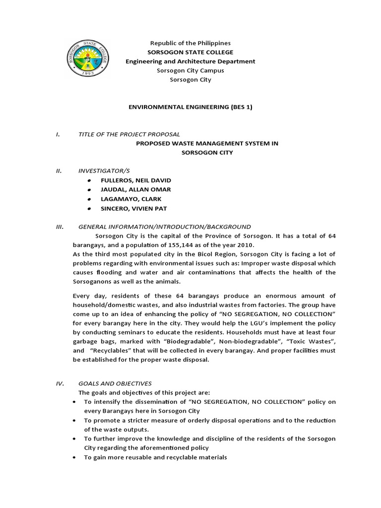 Project Proposal On Environmental Engineering | PDF | Recycling | Waste