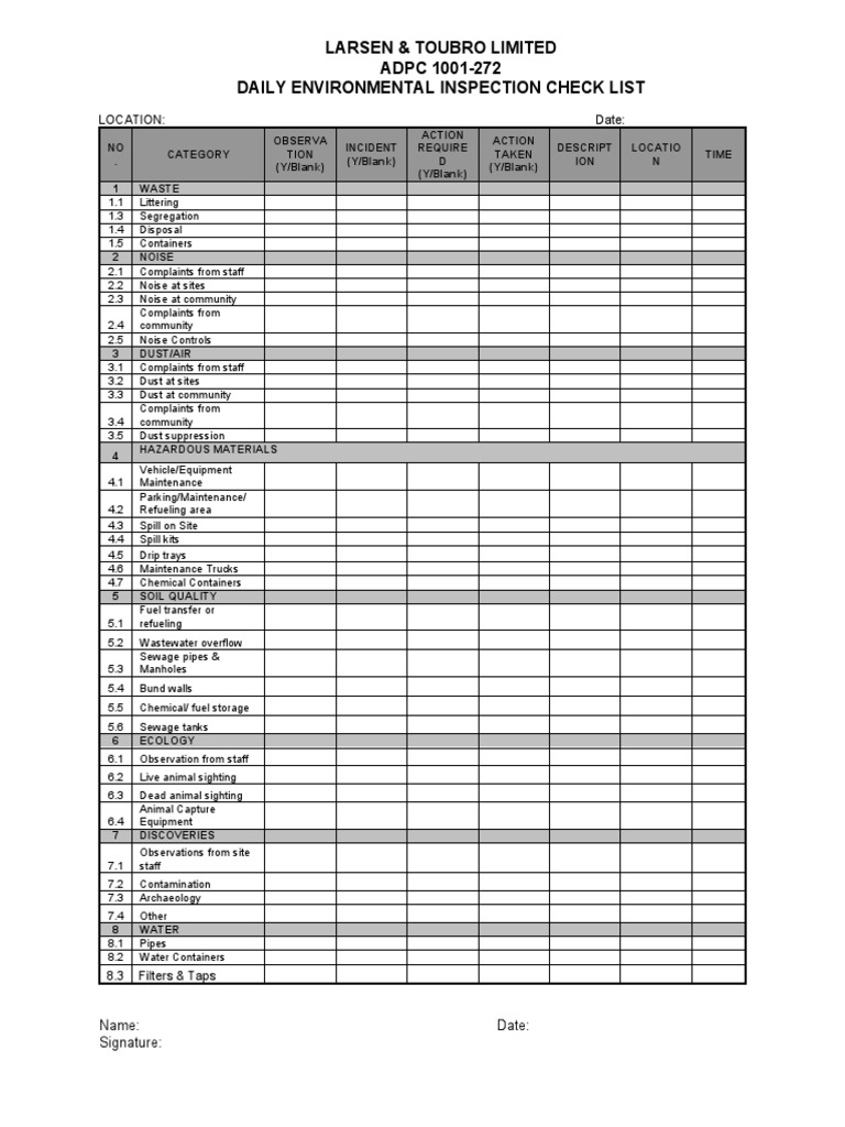 Daily Environmental Inspection Checklist | PDF | Sewage | Environmental ...