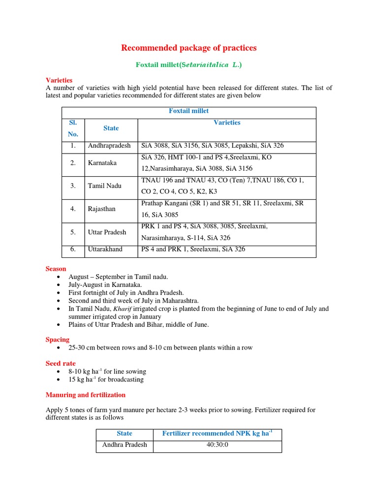 Recommended Package of Practices: Foxtail Millet (S | PDF | Sowing ...