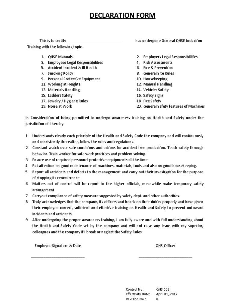 Line Management Declaration Form) | PDF | Occupational Safety And ...