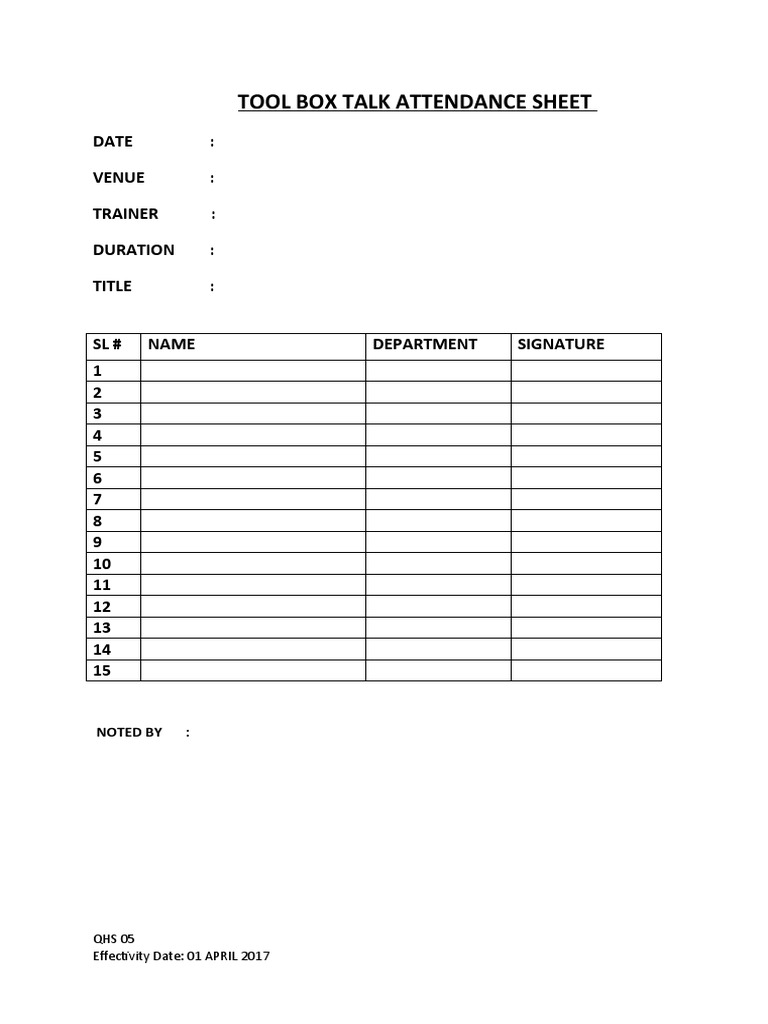 Tool Box Attendence Sheet | PDF