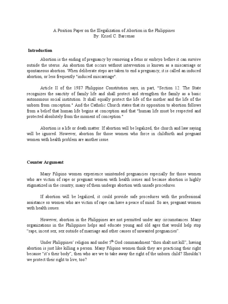 A Position Paper On The Illegalization of Abortion in The Philippines | PDF