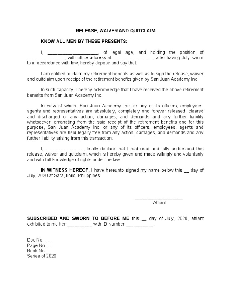 Retirement Benefits Release, Waiver and Quitclaim | PDF