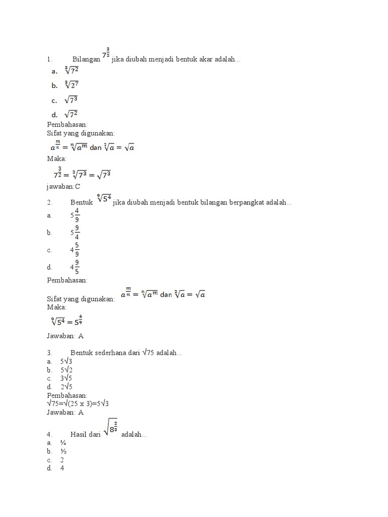 Soal dan Pembahasan Bentuk Akar Kelas 10 | PDF