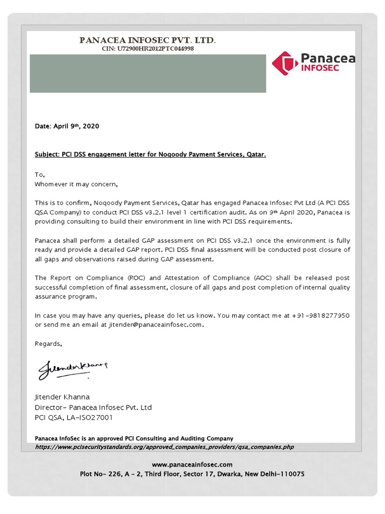 PCI DSS Engagement Letter - Noqoody Payment Services | PDF