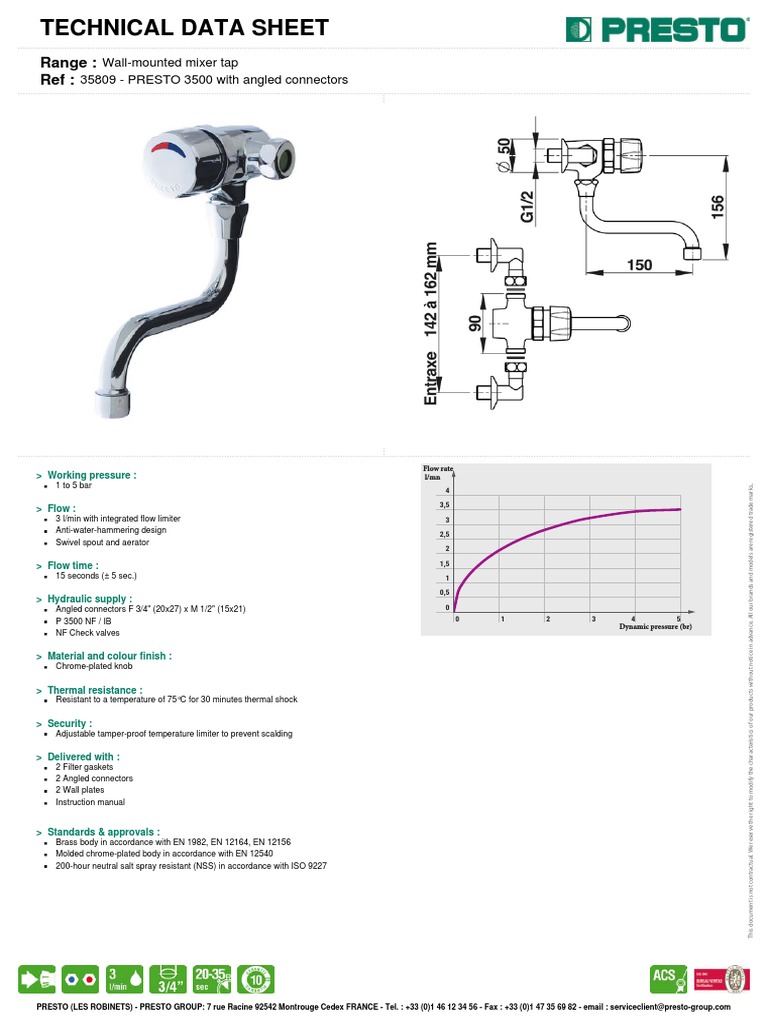 Range: Ref:: Wall-Mounted Mixer Tap 35809 - PRESTO 3500 With Angled ...