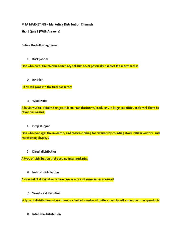 MBA Marketing: Distribution Channels Quiz | PDF | Retail | E Commerce