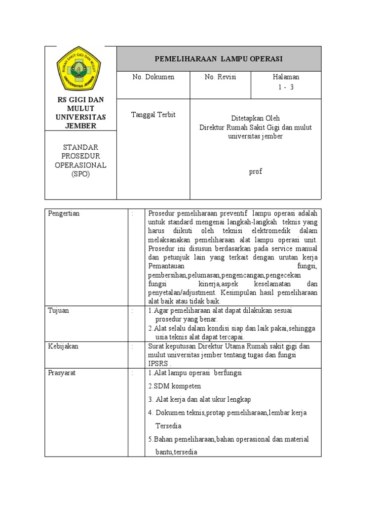 Sop Pemeliharaan Lampu Operasi | PDF
