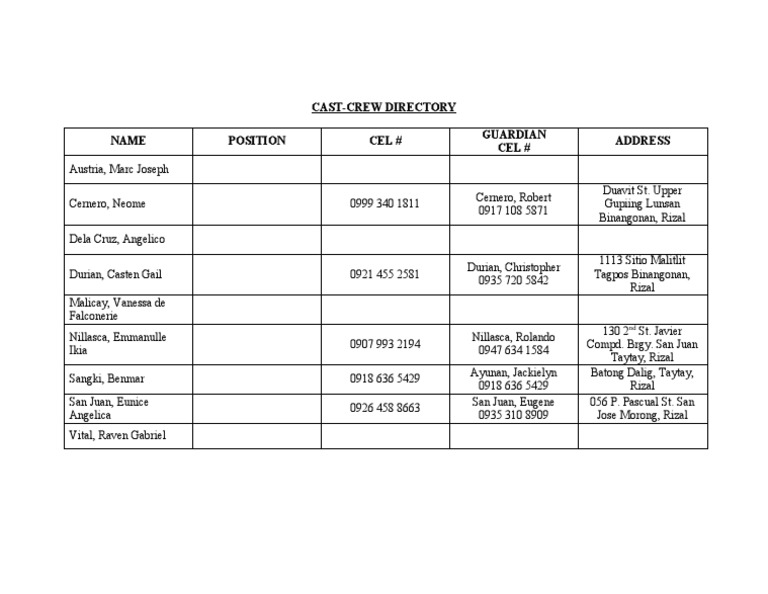 Cast-Crew Directory Name Position Cel # Guardian Cel # Address | PDF