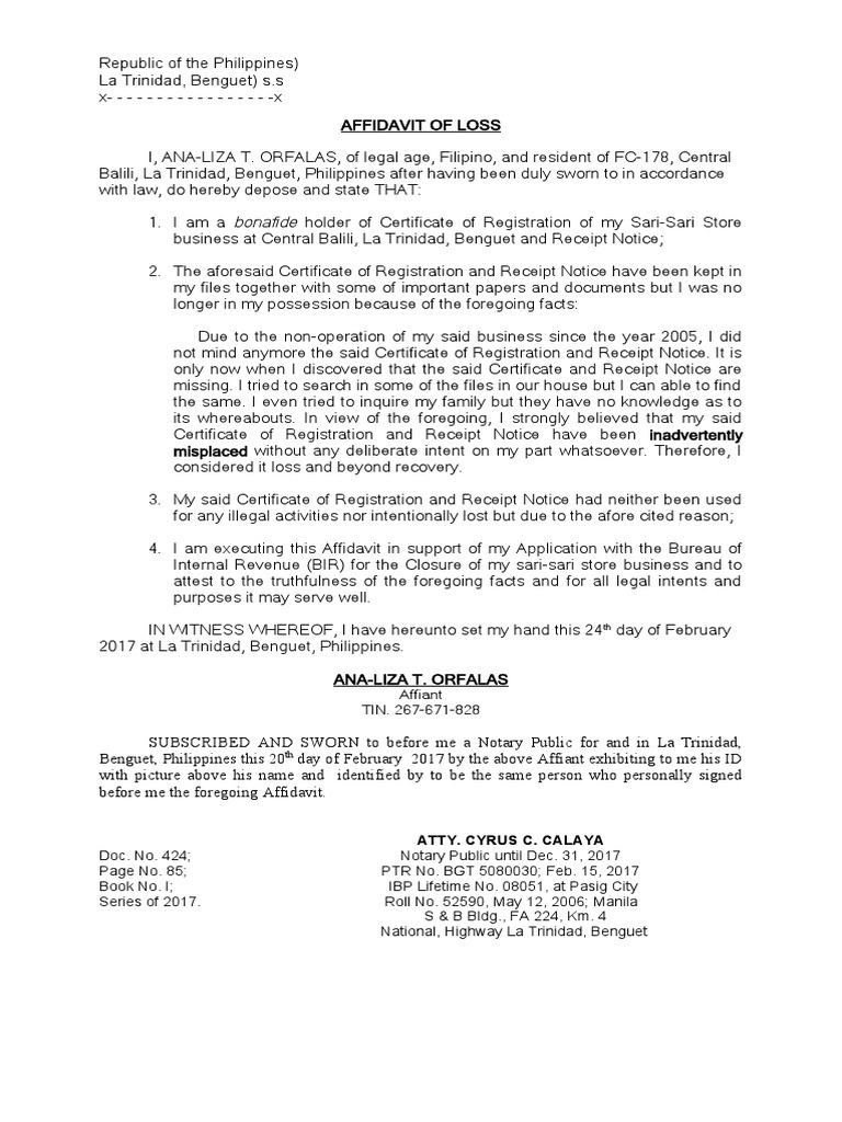 Affidavit of Loss-CoR (Orfalas) | PDF | Affidavit | Government Information