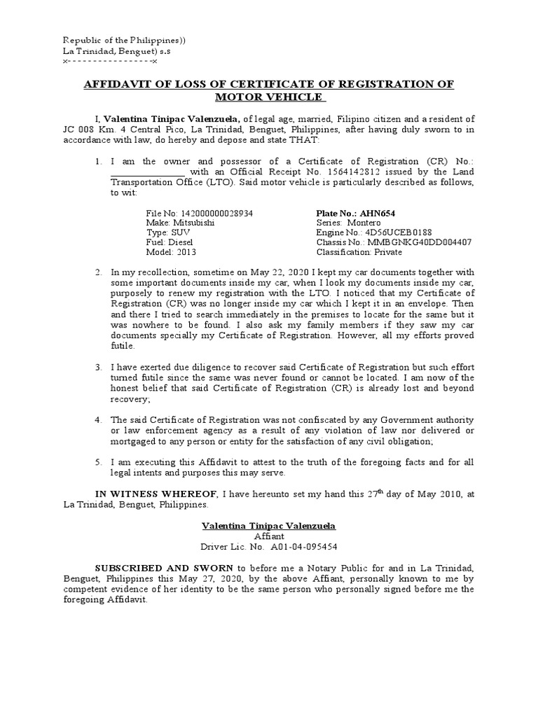 Affidavit of Loss of Certificate of Registration of Motor Vehicle | PDF ...