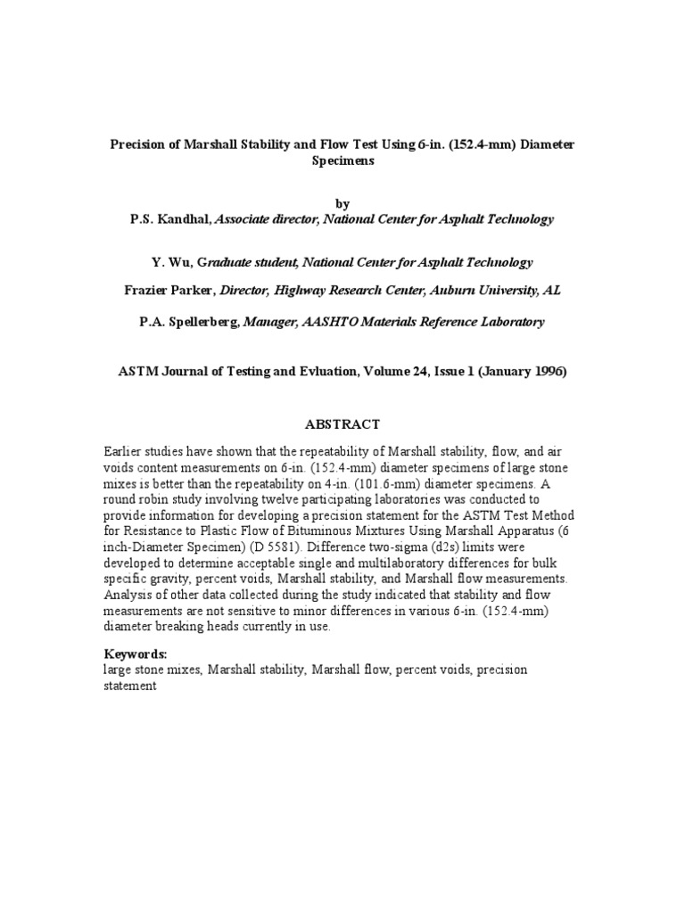 Precision of Marshall Stability and Flow Test Using 6 Inch Diameter ...