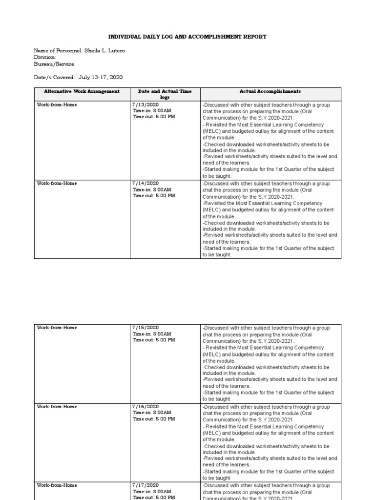 Individual Daily Log and Accomplishment Report 13-17, 2020 | PDF ...