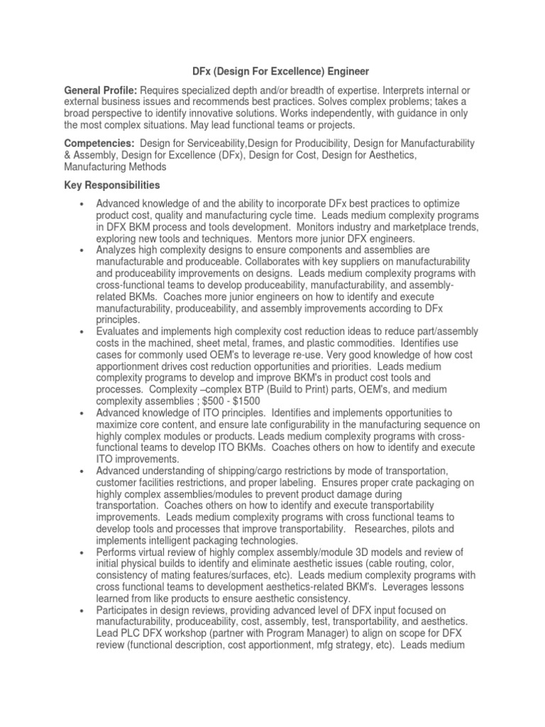 DFX (Design For Excellence) Engineer General Profile: Requires ...