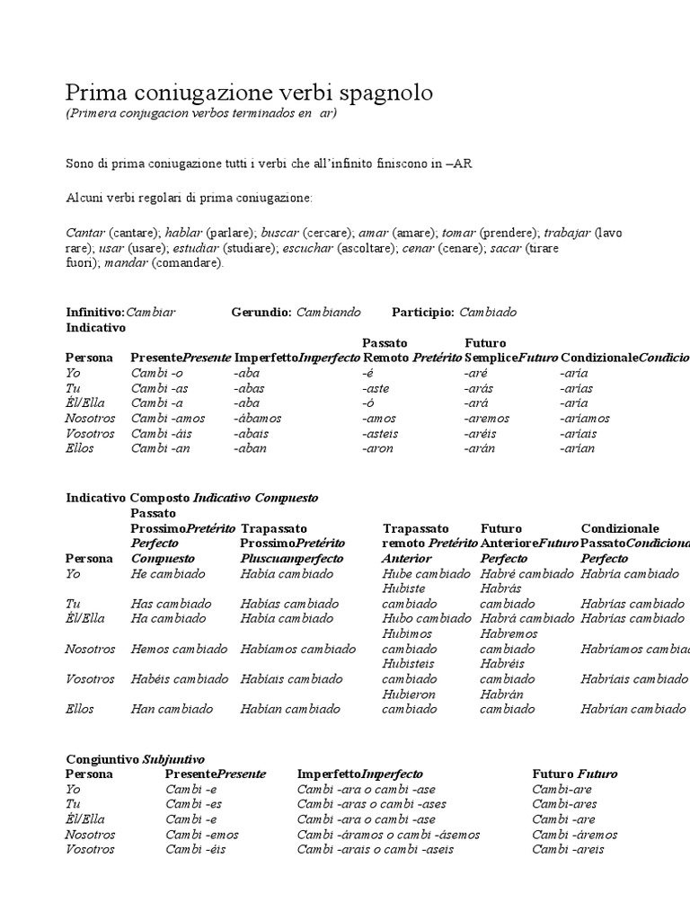 Prima Coniugazione Verbi Spagnolo | PDF | Unidades Semánticas | Ciencia ...
