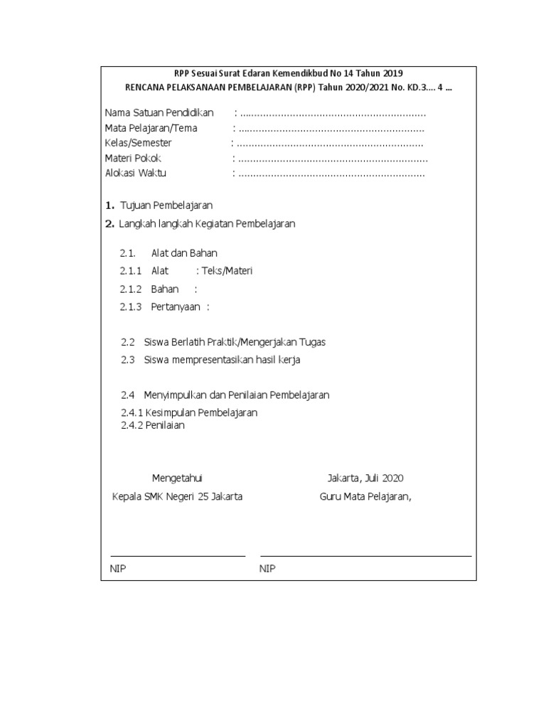 Format RPP Sesuai Surat Edaran Kemendikbud No 14 Tahun 2019 | PDF