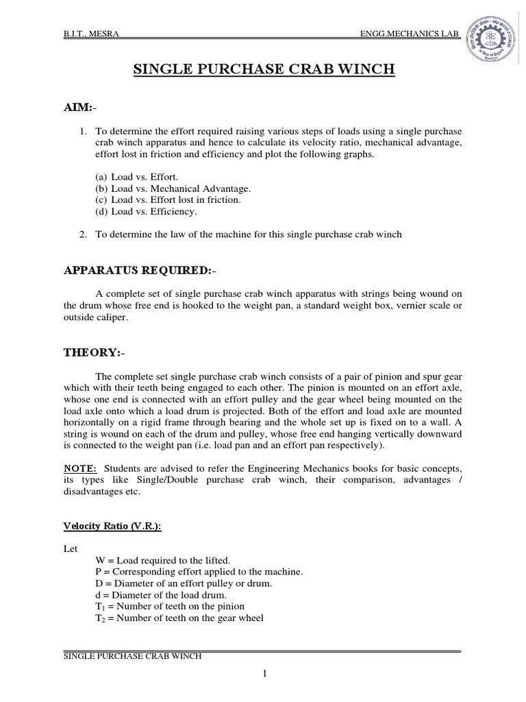 Single Purchase Crab Winch Analysis | PDF | Equipment | Physics